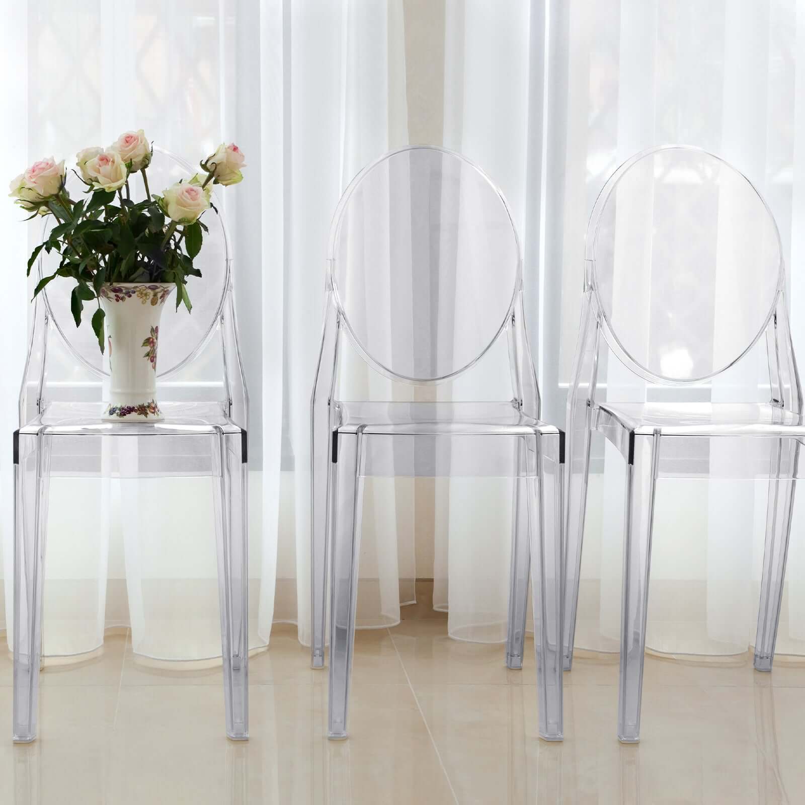 4 Pack Stackable Clear Acrylic Ghost Banquet Chairs with Oval Back Fully Assembled Armless Accent Chairs eHomemart